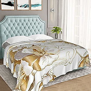 Blanket,Silver White with Light Gold Cherry Flowers Black Sakura Floral,Throw Blanket Lightweight Soft Warm Blanket Flannel Fleece Blankets for Couch Living Room 80"x60"