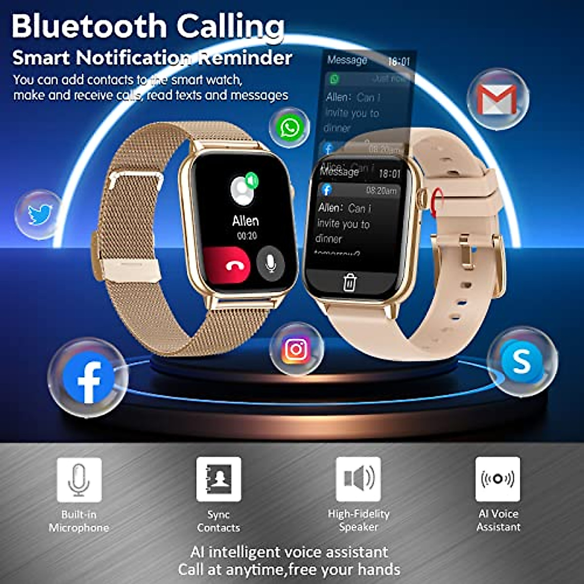 Smart Watch for Men Women, 2023 Upgraded Smartwatch with Blood Pressure Heart Rate Monitor 1.9" Touch Screen Bluetooth Watch(Make/Answer Call), IP67 Waterproof Smart for Android iOS Phones Gold