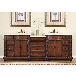 Silkroad Exclusive HYP-0213-CM-UIC-90 Double Sink Bathroom Vanity with English Chestnut Finish Bath Cabinet, 90.25", Medium Wood