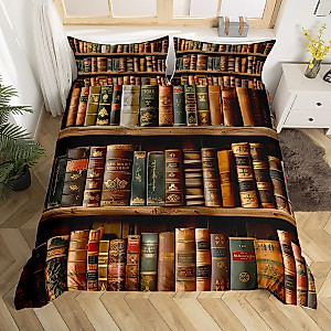 Feelyou Library Bedding Set Old Books Duvet Cover for Kids Children Teens Retro Wooden Bookshelf Comforter Cover Vintage Museum Bedspread Cover Bedroom Decor Quilt Cover 3Pcs King Size (No Comforter)