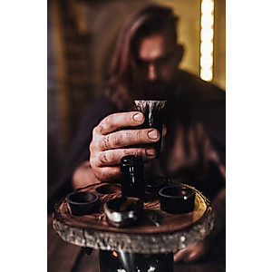 Norse Tradesman Genuine Drinking Horn Shot Glass Set (5) w/Rustic Wood Display Stand (Live Edge) | Engraved with Norse Runes | Packaged in Burlap Gift Sack