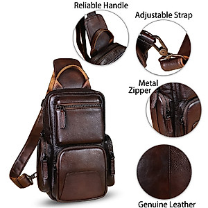 IVTG Genuine Leather Sling Bag Crossbody Casual Hiking Daypack Vintage Handmade Chest Bag Shoulder Backpack Motorcycle Pack (Coffee)