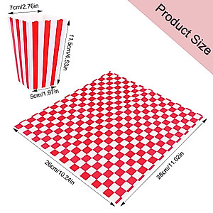 FHDUSRYO 100 Sheets Checkered Dry Waxed Deli Paper Sheets, Grease Resistant Checkered Basket Liner with 24 Popcorn Favor Boxes, Red and White Sandwich Paper Wraps for Party, Picnic (11x10.2inch)