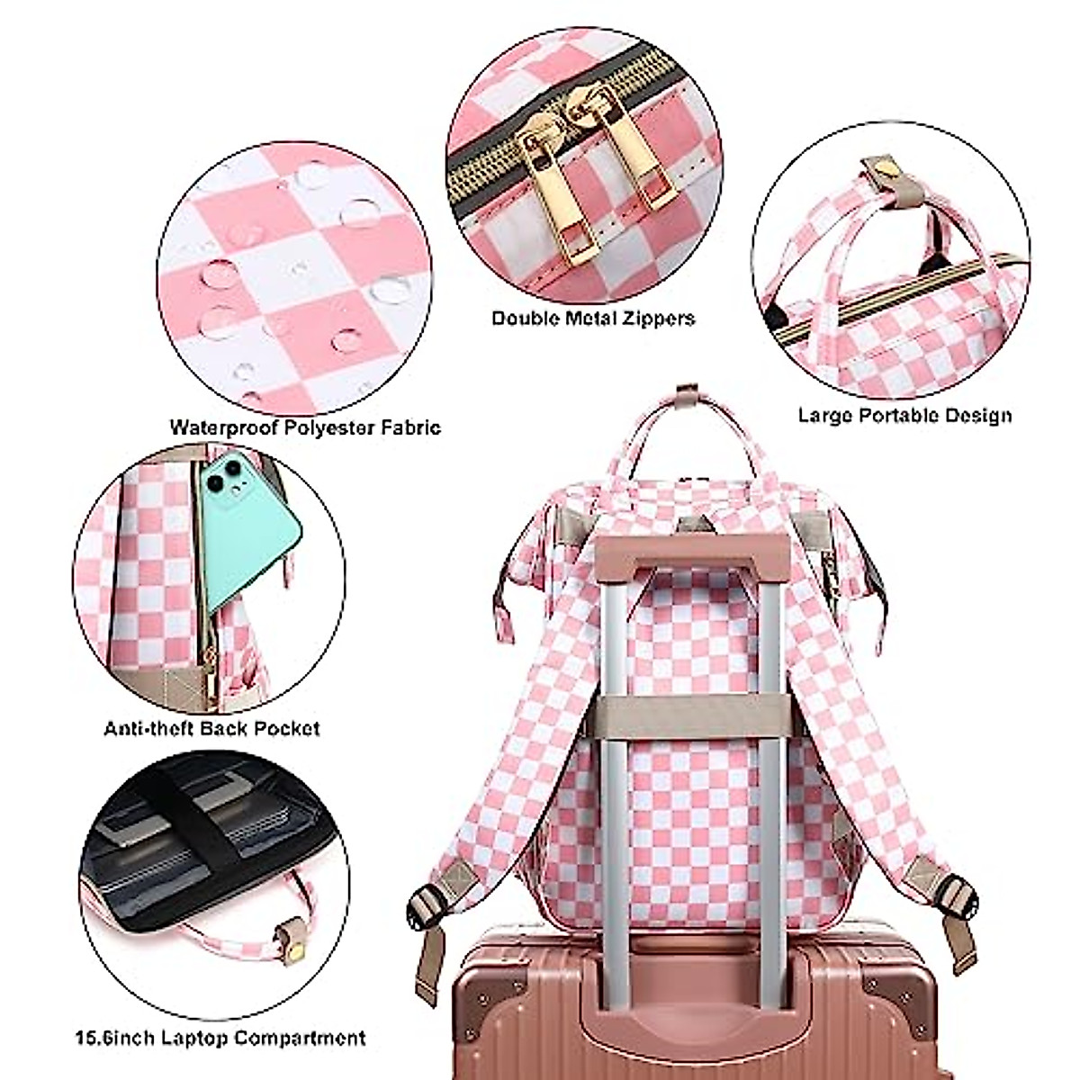 Dezcrab Checkered Lunch Backpack for Women Girls, Insulated Cooler Backpack Laptop Backpack School Backpack Bookbag Nurse Work Backpacks (Pink)