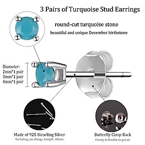Sterling Silver Stud Earrings for Men Women- Hypoallergenic Tiny Turquoise Stud Earring Set White Gold Plated Round Prong-Set Birthstone Small Earrings(2mm/3mm/4mm)