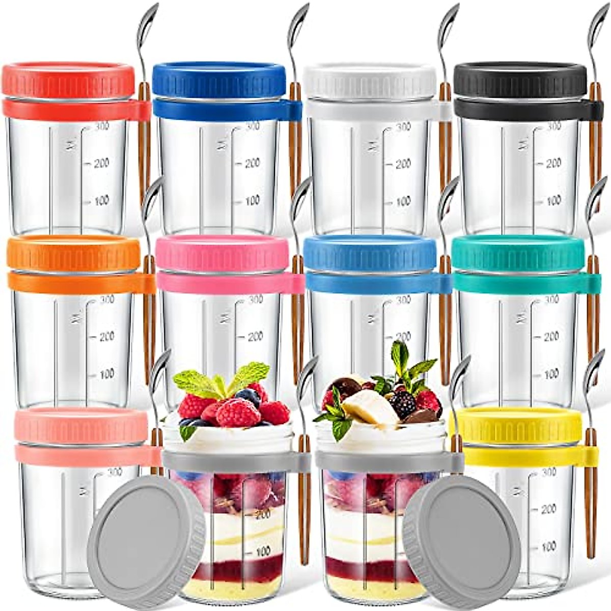 12 Pcs Overnight Oats Jars with Lid and Spoon, 12 oz Large Capacity Airtight Oatmeal Container Bulk with Measurement Marks, Mason Jars with Lid for Cereal on the Go Container