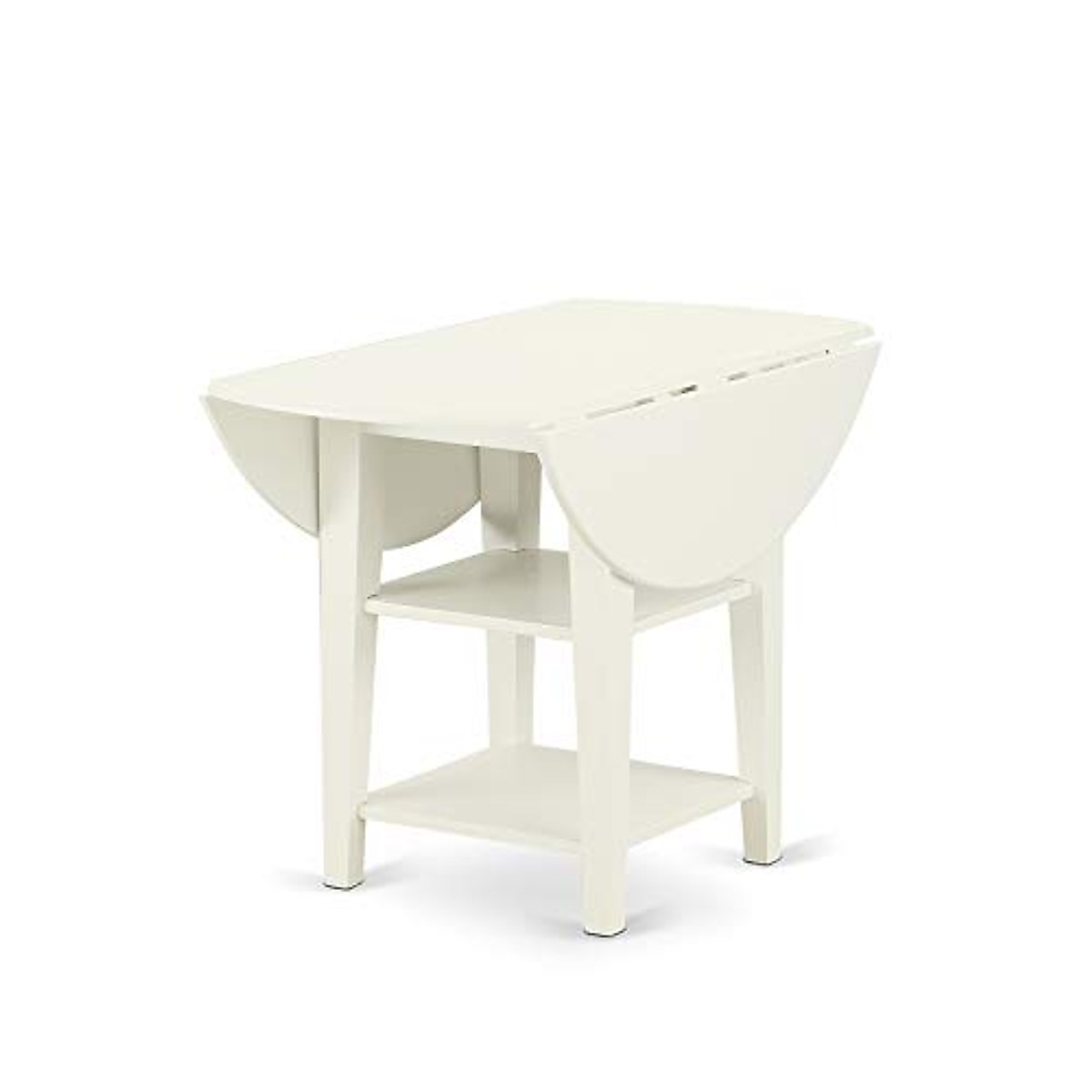 East West Furniture SUVA3-LWH-W 3 Piece Dining Table Set for Small Spaces Contains a Round Dining Room Table with Dropleaf & Shelves and 2 Wood Seat Chairs, 42x42 Inch, Linen White