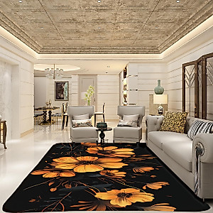Floral Rug for Living Room, Rectangular Rug with Yellow Stylish Flowers on Black Background, Non-Slip Rug for Modern Home Living Room, Bedroom, Hallway, Office, Dining Room, entryway 24x36inch