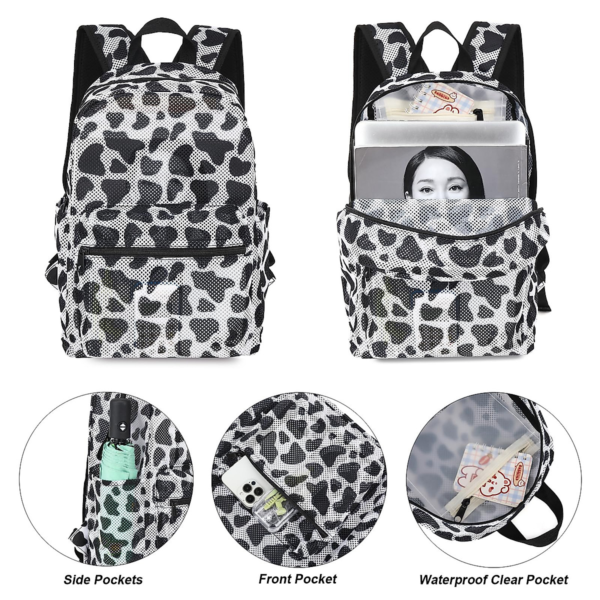 Yusudan Cow Print Mesh Backpack for Girls, Kids Semi-Transparent School Bookbag Women See Through Beach Bag Daypack