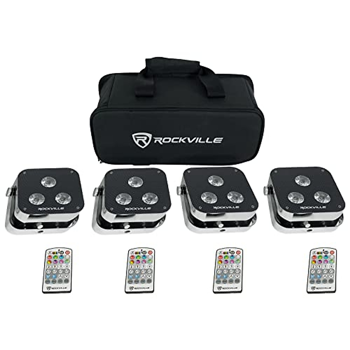 Rockville 4 Pack Mini RF3 Bright DJ Par Up Lights+Bag+RF Remotes+Wireless DMX, Silver