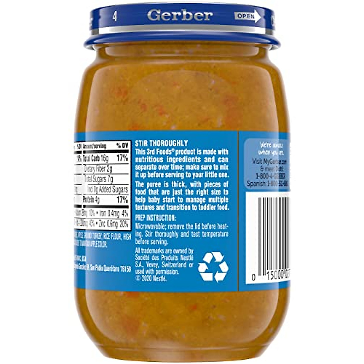 Gerber Mealtime for Baby 3rd Foods Baby Food Jar, Harvest Turkey Dinner, Advanced Texture with No Artificial Flavors or Colors, 6 OZ Glass Jar (Pack of 12)