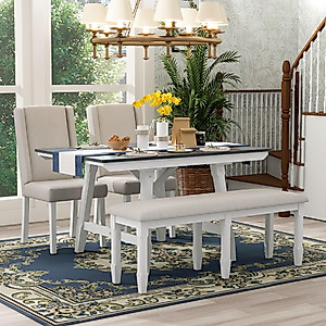RUNWON 6-Piece Classic Set,Rectangular Extendable Table with Two Removable Leaves and 4 Upholstered Chairs and 1 Bench for Dining Room, Gray