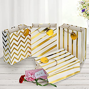 Swedin 12 Pcs Gold Gift Bags Bulk, Medium Size Gift Bags with Handles, Trendy Gift Wrap Totes with Chevron, Stripe Pattern for Birthdays, Party Favors, Holidays, Christmas-10" x 8.3" x 4"