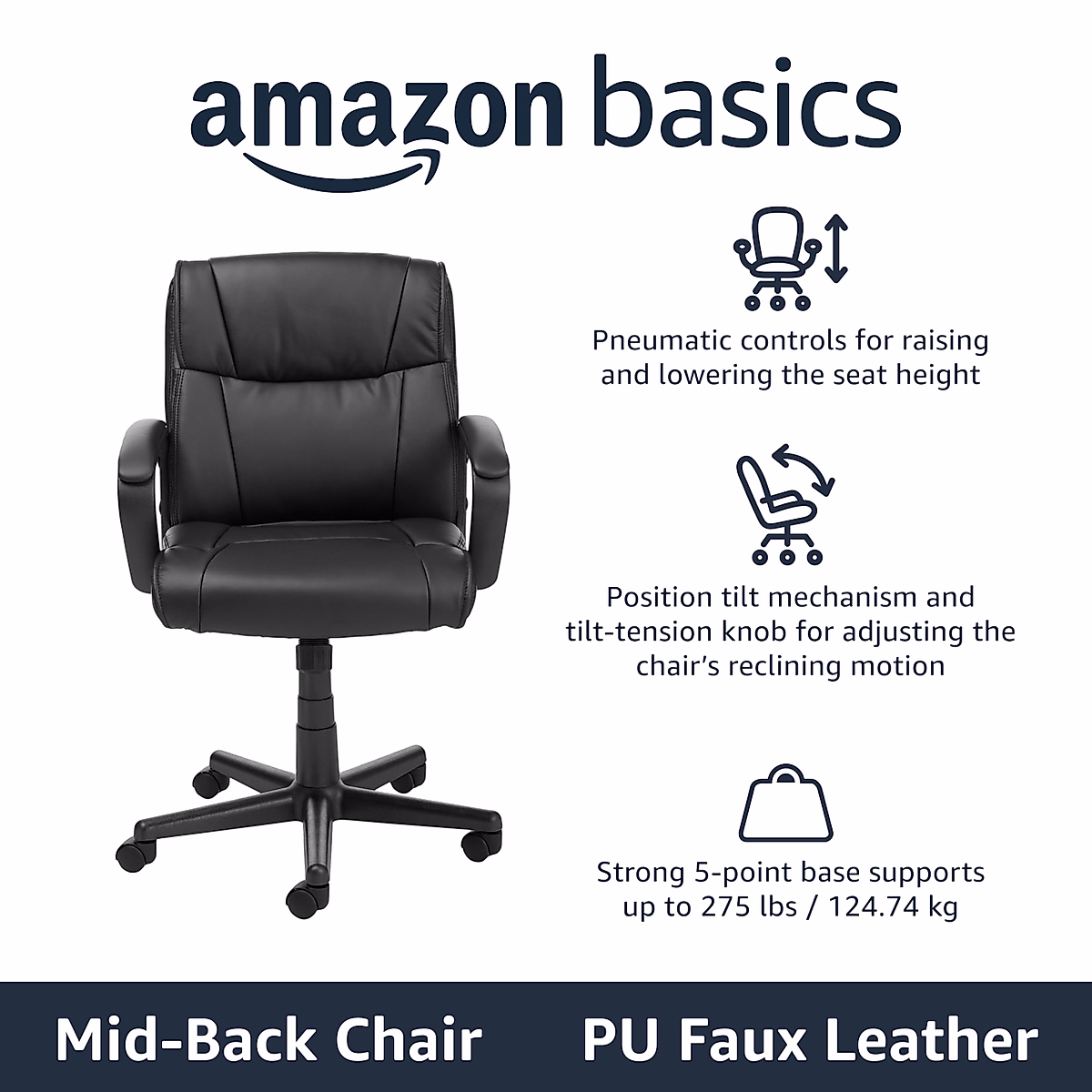 Amazon Basics Padded Office Desk Chair with Armrests, Adjustable Height/Tilt, 360-Degree Swivel, 275Lb Capacity - Black
