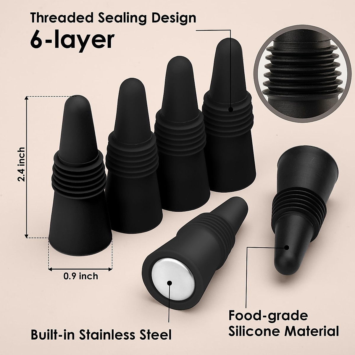 BULUMIOO 6 PCS Black Silicone Wine Stoppers with Threaded Seal Ring and Stainless Top - Suitable for Wine and Beverage Bottles - Keeping Wine or Beverage Fresh…