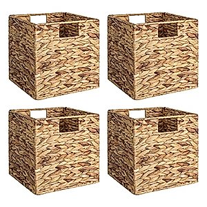 StorageWorks Wicker Storage Cubes with Liners, Water Hyacinth Storage Baskets for Shelving, Handwoven Square Baskets with Built-in Handles, Medium, 4 Pack