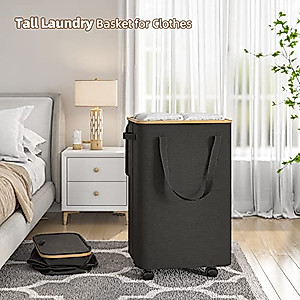 Raybee Rolling Laundry Basket Tall Laundry Hamper with Lid Large Hampers for Laundry with Bamboo Handle on Wheel Laundry Baskets Bins Organizer with Removable Bag for Dirty Clothes, Toys, Black