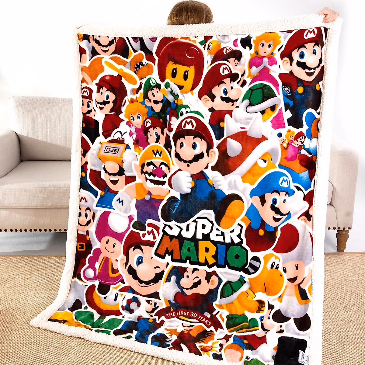Kids Sherpa Flannel Throw Blanket 50" x 60 inches, Super Soft Cozy Plush Blanket for Indoor and Outdoor Use (Mario Bros, Throw(50'' × 60''))