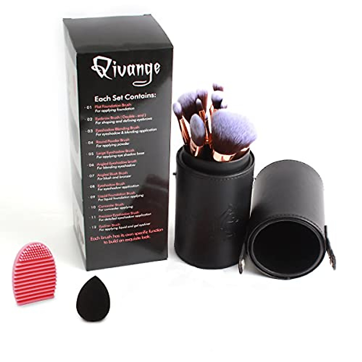Qivange Makeup Brushes, Professional Foundation Eyeshadow Blending Brushes Set with Brush Holder+ Sponge & Brush Cleaner(Black with Rose Gold, 12pcs)