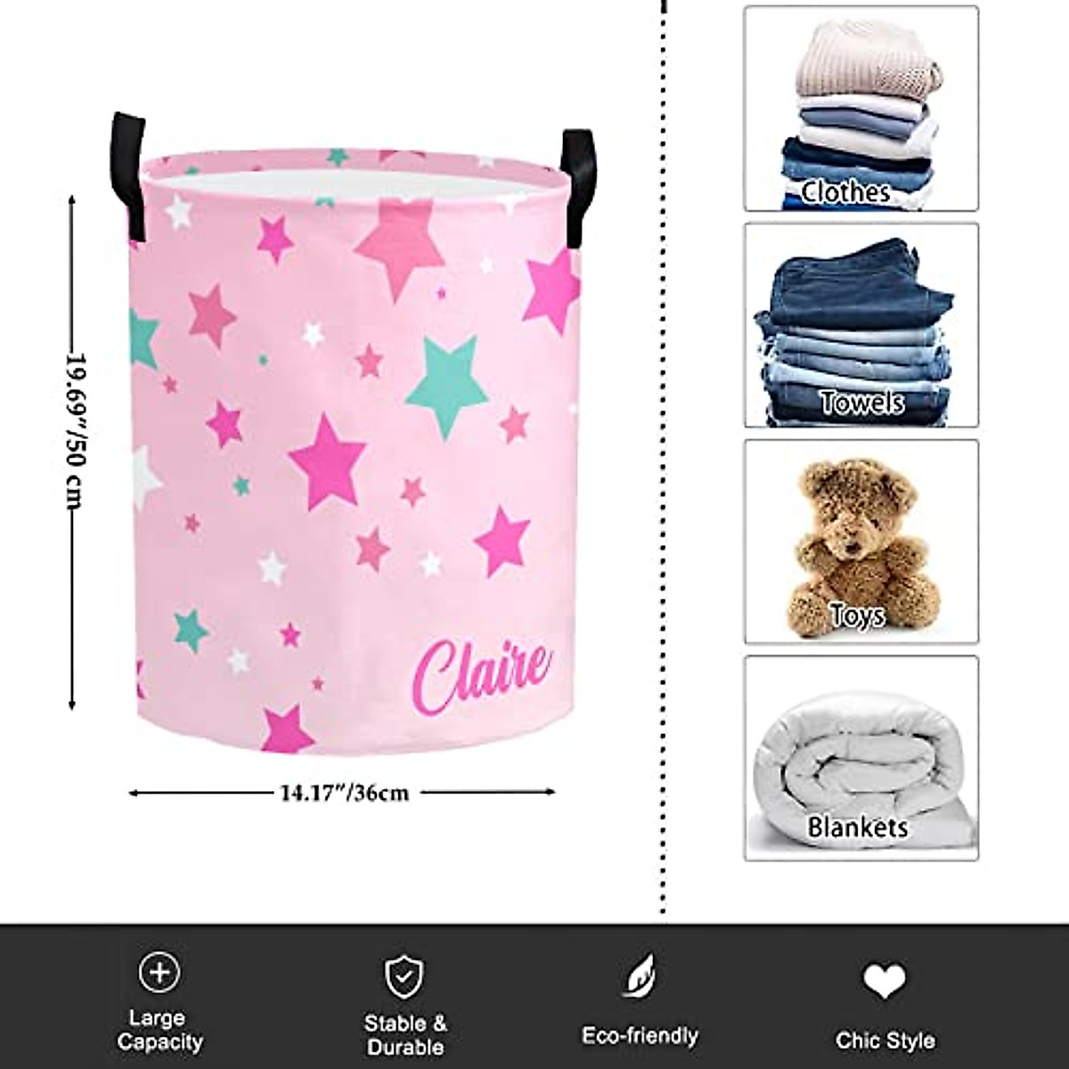 Personalized Laundry Basket Hamper,Star Pink Background,Collapsible Storage Baskets with Handles for Kids Room,Clothes, Nursery Decor