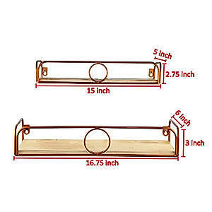 DUCIHBA Set of 2 (Large & Small) Wall Mount Floating Shelves Storage Organize Decorate Display for Nursery Living Kitchen Bedroom Bathroom, Torched Wood with Metal Railing_ Natural Beige & Golden