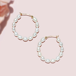 Pearl Hoop Earrings for Women 14K Gold Filled White Small Freshwater Cultured Real Pearl Hoop Earrings COMOTO Jewelry