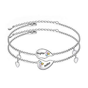 FLYOW Mother Daughter Bracelets Set for 2 Sterling Silver Mother Child Bracelets Heart Jewelry Birthday Mother's Day Bracelet for Women Grandma Mother Daughter
