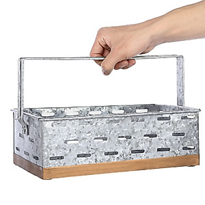 MyGift Silver Galvanized Metal Perforated Condiment Basket Storage Container with Handle and Copper Tone Accent Rim - Handcrafted in India