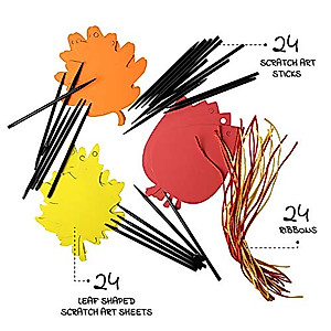 Neliblu Magic Fall Colors Scratch Fall Craft Art Set - Colorful Scratch Paper Autumn Leaves in Bright Fall Colors - Set of 24 Leaves, 24 Scratch Sticks and 24 Ribbons