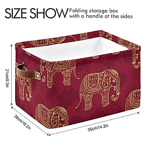 susiyo Foldable Storage Bins Large Collapsible Fabric Storage Baskets with Leather Handles Organizing Box for Shelves Home Bedroom Nursery Office 2 Pack，Indian Tribal Elephants