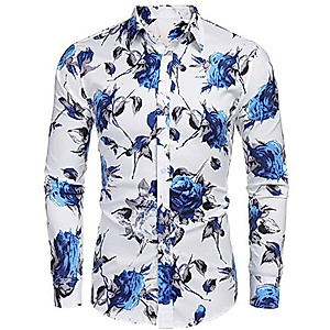 COOFANDY Men's Long Sleeve Dress Shirt - Casual Button Down (White & Blue, Large)