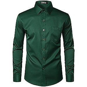 ZEROYAA Men's Urban Stylish Casual Business Slim Fit Long Sleeve Button Up Dress Shirt with Pocket ZLCL29-Dark Green Small