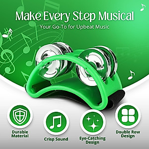 Flexzion Foot Tambourine Percussion with Double Row Steel Jingles - Foot Shaker Musical Instrument Drum Party Shoes Gift Singer Vocalists Cajon & Guitar Players (Green)
