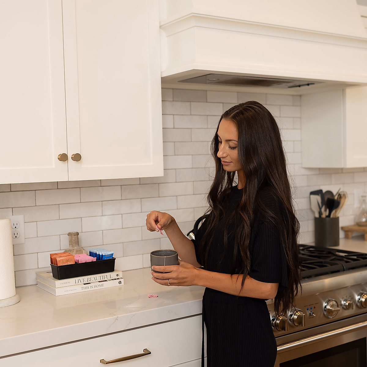 Modern Tea Bag Organizer - Small Bamboo Eco-Friendly Countertop Tea Organizer for Tea Bags - Tea Box Organizer for Hot Tea Storage, Teabag Caddy, Drink Packet Organizer, Kcup Coffee Pod Holder (Black)