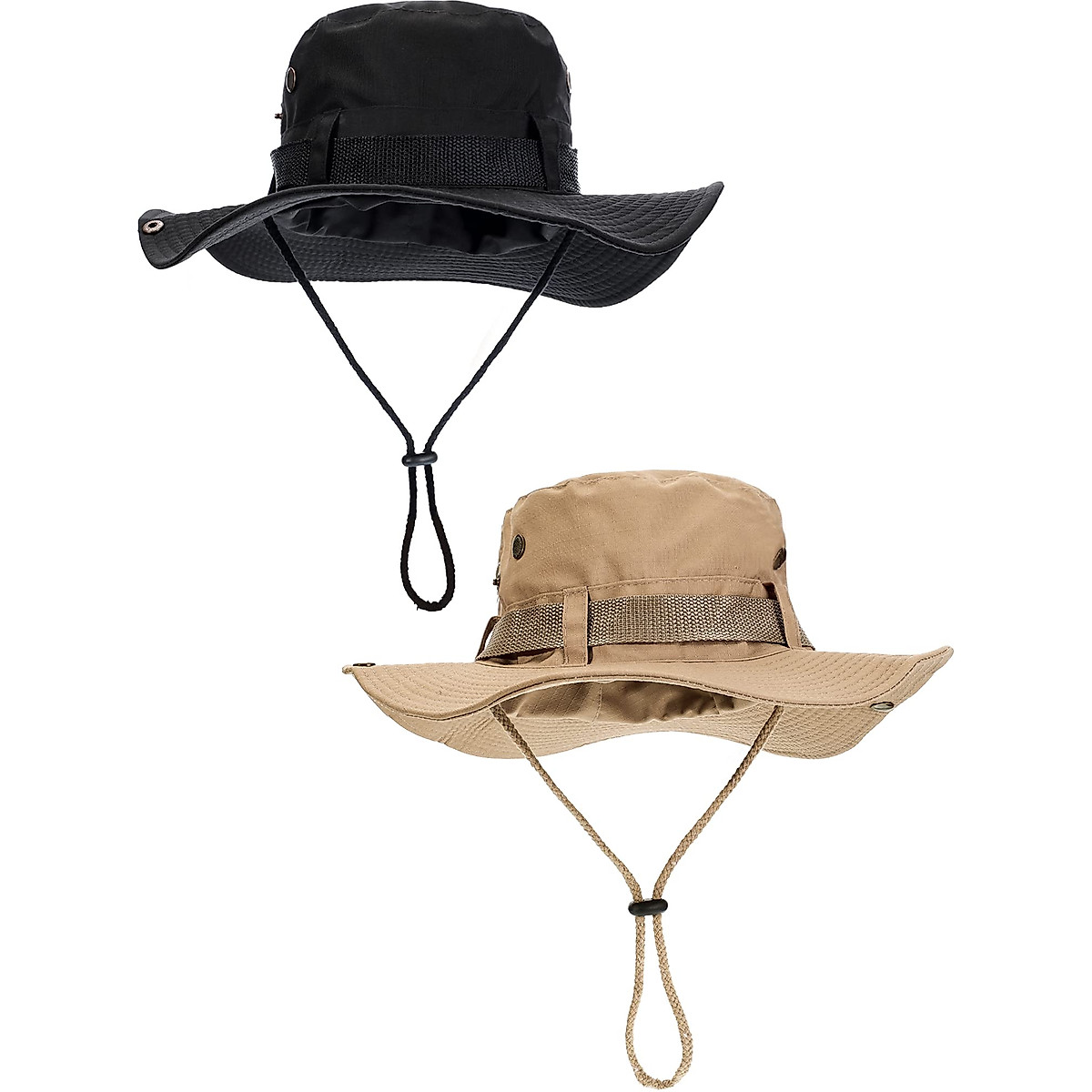 Boao 2 Pieces Sun Hats for Men Women Wide Brim Safari Bucket Hat Boonie Hat UV Protection Fishing Hiking Summer(Black, Khaki)