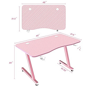 Vitesse 40 Inch Pink Gaming Desk,Pink desk,Pink Gaming Table,Cute Kawaii Computer Desk Z Shaped Girl Gamer Desk Workstation Home Office Desk with Carbon Fiber Surface and Headphone Hook (Z Shape Leg)