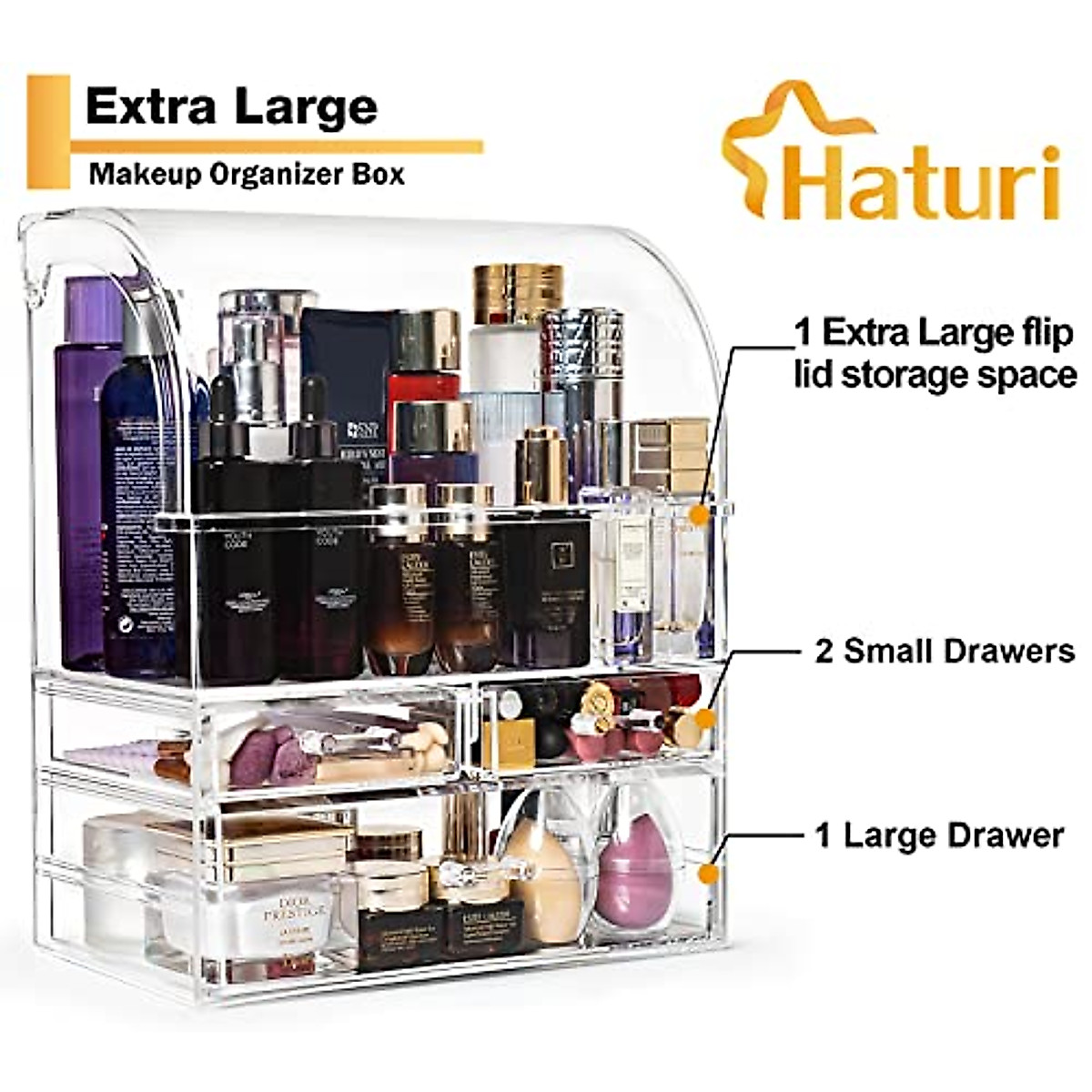 Haturi Makeup Organizer, Large Acrylic Skincare Organizer W/Lid, Dustproof Waterproof Cosmetic Display Case with Drawers for Vanity Bathroom Countertop, Makeup Storage Box for Perfume - Clear