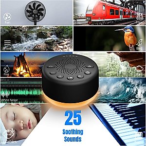 Sound Machine Easysleep White Noise Machine with 25 Soothing Sounds and Night Lights with Memory Function 32 Levels of Volume and 5 Sleep Timer Powered by AC or USB for Sleeping Relaxation (Black)