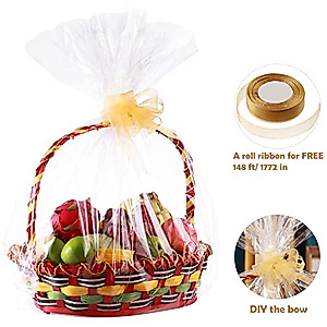 50 Packs Large Clear Cellophane Basket Bags 24" x 30" Cellophane Basket Gift Bags Heavy-duty Plastic Wrapping Paper for Gifts, Arts, Crafts, Treats, Chiffon Ribbon Included