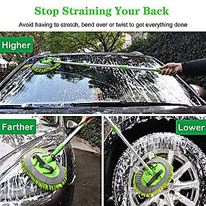 CARCAREZ 3 in 1 Microfiber Car Wash Brush Mop with 45" Aluminum Alloy Long Handle, Silicone Window Squeegee and Scrubber Sponge