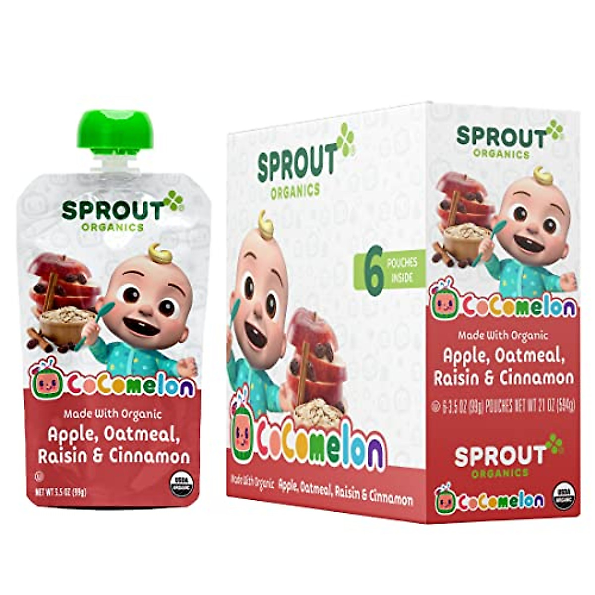 CoComelon Sprout Organic Baby Food Pouches, Apple Oatmeal Raisin with Cinnamon, 3.5 Oz Purees (Pack of 12)