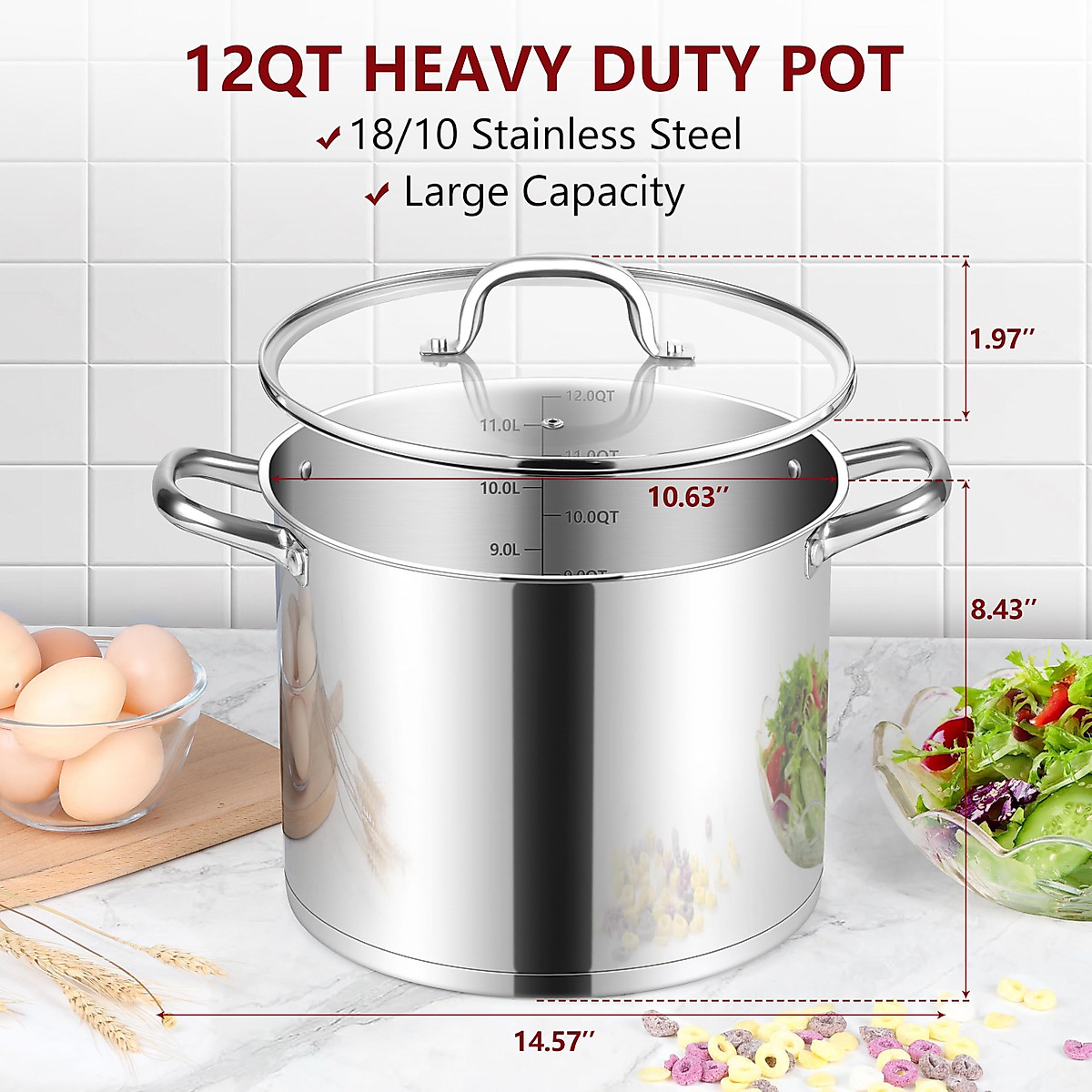 Herogo 12-Quart 18/10 Stainless Steel Stock Pot with Lid, Large Heavy Duty Soup Pot Compatible with Electric, Gas, Induction and Gas Cooktops, Dishwasher Safe