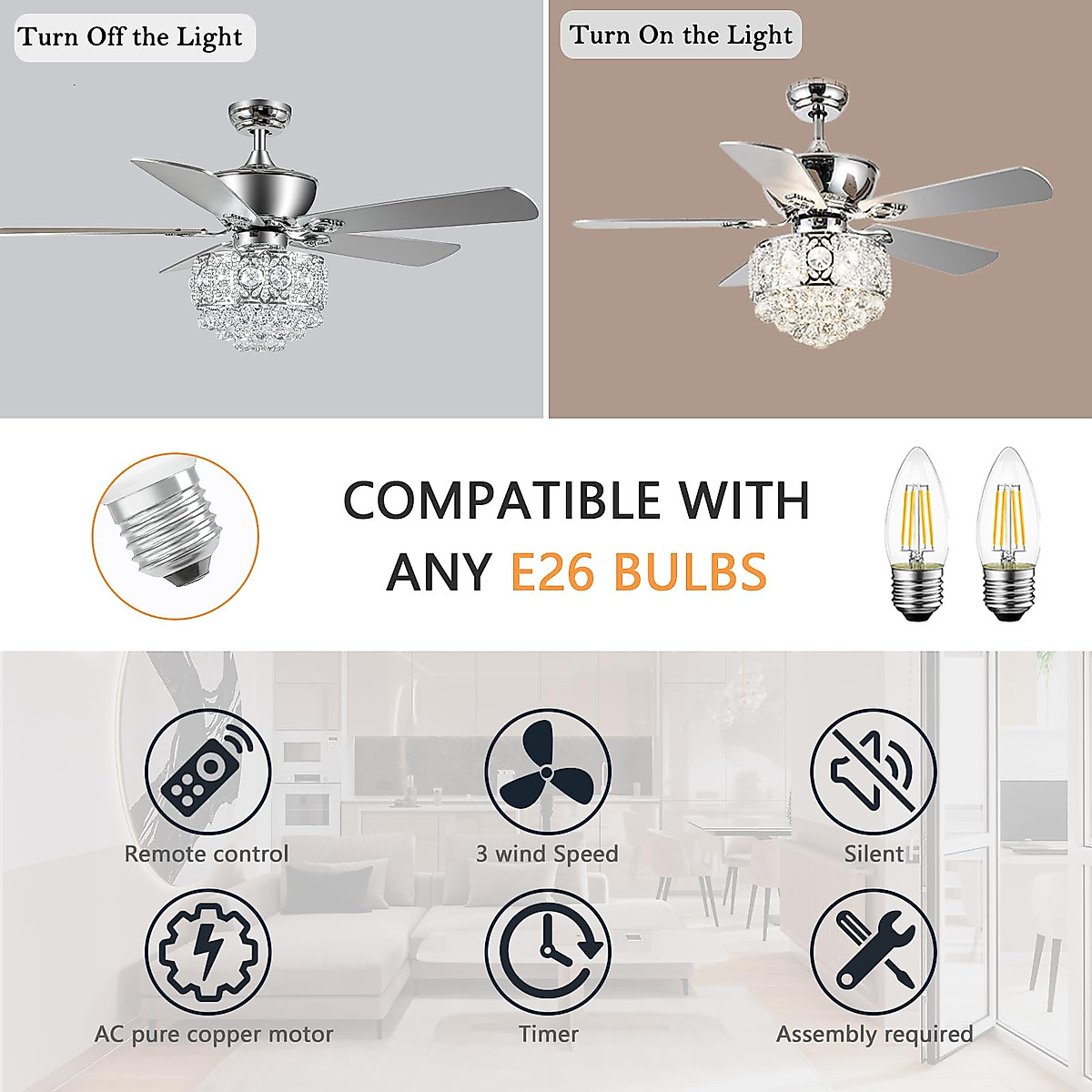 Tropwellhouse 52Inch Crystal Ceiling Fan with Lights 3 Speed Remote Control Elegant Crystal 5 Wood Blades Chrome Ceiling Fan Decoration Home