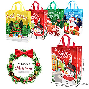 SULOLI 12 Pack Large Christmas Tote Bags with Handles, Reusable Gift Bag Non-Woven Grocery Shopping Totes for Holiday Xmas Party Supplies