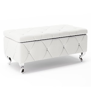 LUE BONA Storage Ottoman Bench, 38'' Upholstered White Faux Leather Ottoman with Crystal Tufted Button, Flip Top Foot Rest, End of Bed Bench Seat for Bedroom, Living Room, Vanity, 350LBS