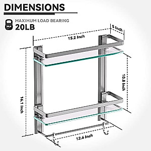 GeekDigg bathroom glass shelf with towel bar, 2 tier wall mounted tempered glass shower storage organizer with 8MM extra thick, 15.2 by 5 inches - Not Brushed Nickel