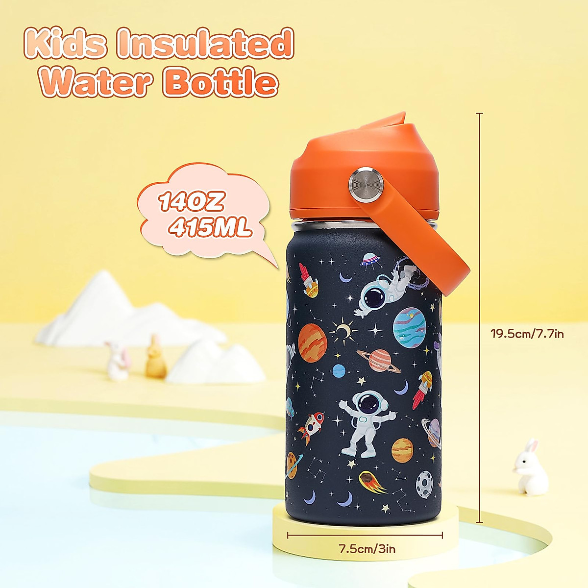 Scothen Kids Insulated Water Bottle with Straw Lid, 14oz Double Wall Vacuum 18/8 Stainless Steel Kids Tumbler, BPA-FREE Leak Proof Toddler Metal Water Bottle Kids Cups for School Travel Boys Girls