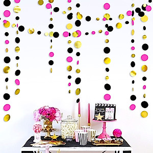 46 Ft Black Hot Pink and Gold Circle Dots Garland Hanging Paper Polka Dots Streamer for Birthday Bachelorette Engagement Wedding Baby Bridal Shower Anniversary Minnie Theme Party Decorations Supplies