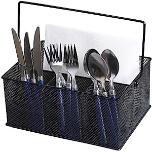 YBM HOME Mesh Basket Utensil Holder & Picnic Silverware Caddy Organizer with Four Compartments and Napkin Storage, Black