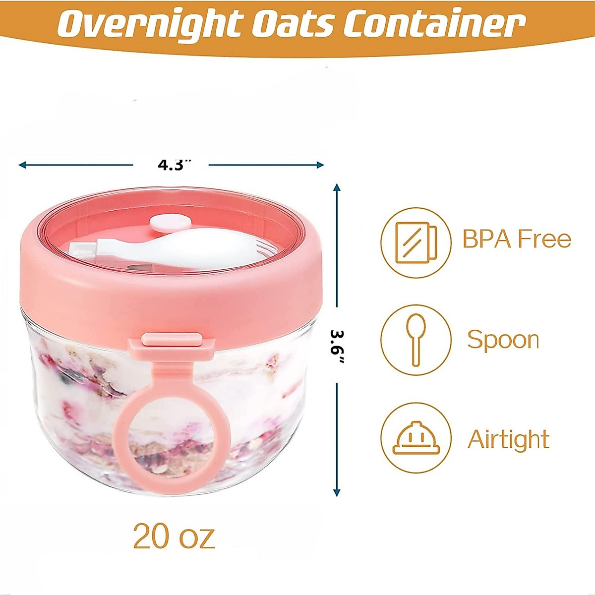 Portable Overnight Oats Containers with Lids and Spoon, Overnight Oats Jars for Breakfast, MealPrep Jar Airtight, 20 OZ, Large, Airtight, Set of 2